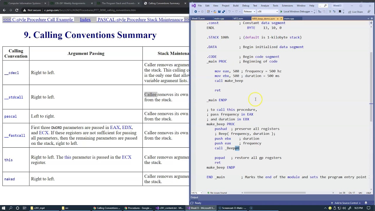 13.11 Calling Conventions Summary