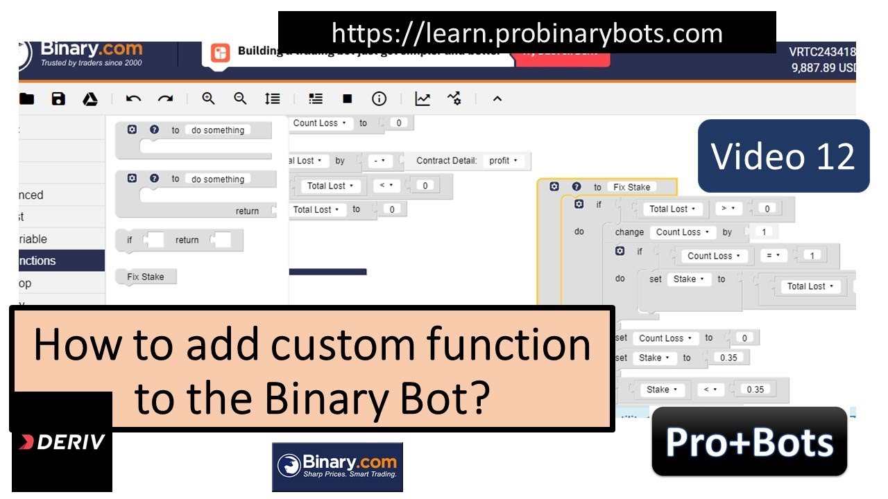 How to create a custom function in Binary Bot? Video 12 Pro+Bots