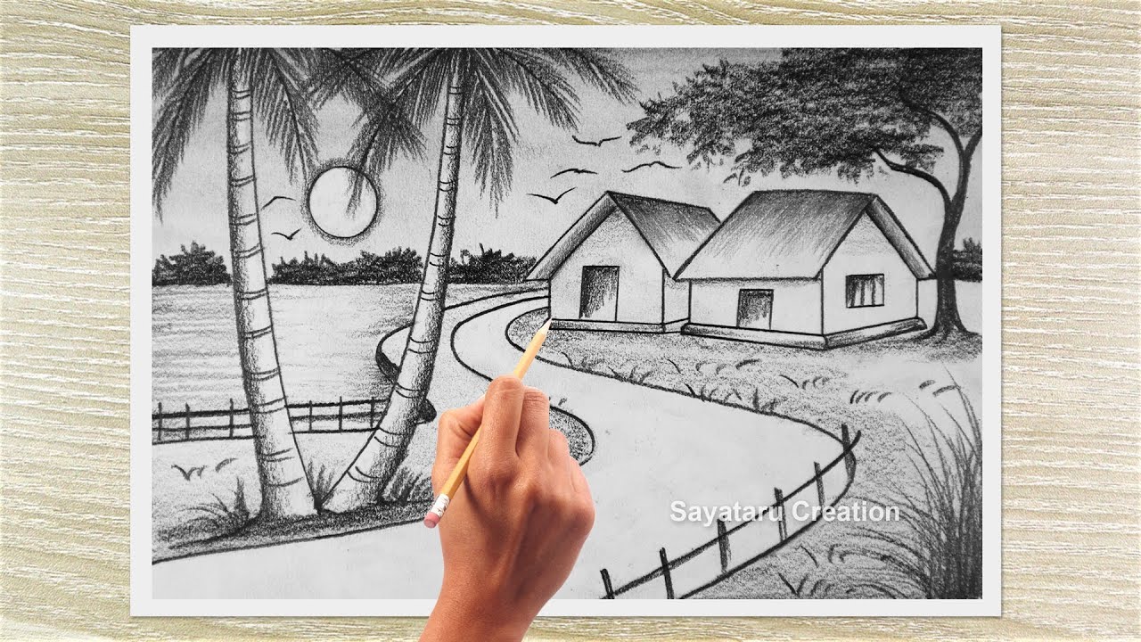EASY Sunset Landscape Pencil Drawing, Step by Step Scenery Sketch for Beginners