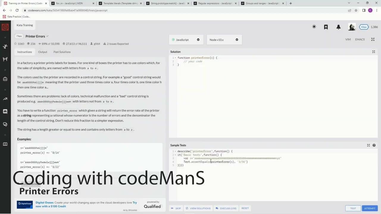 Codewars 7 kyu Printer Error Javascript