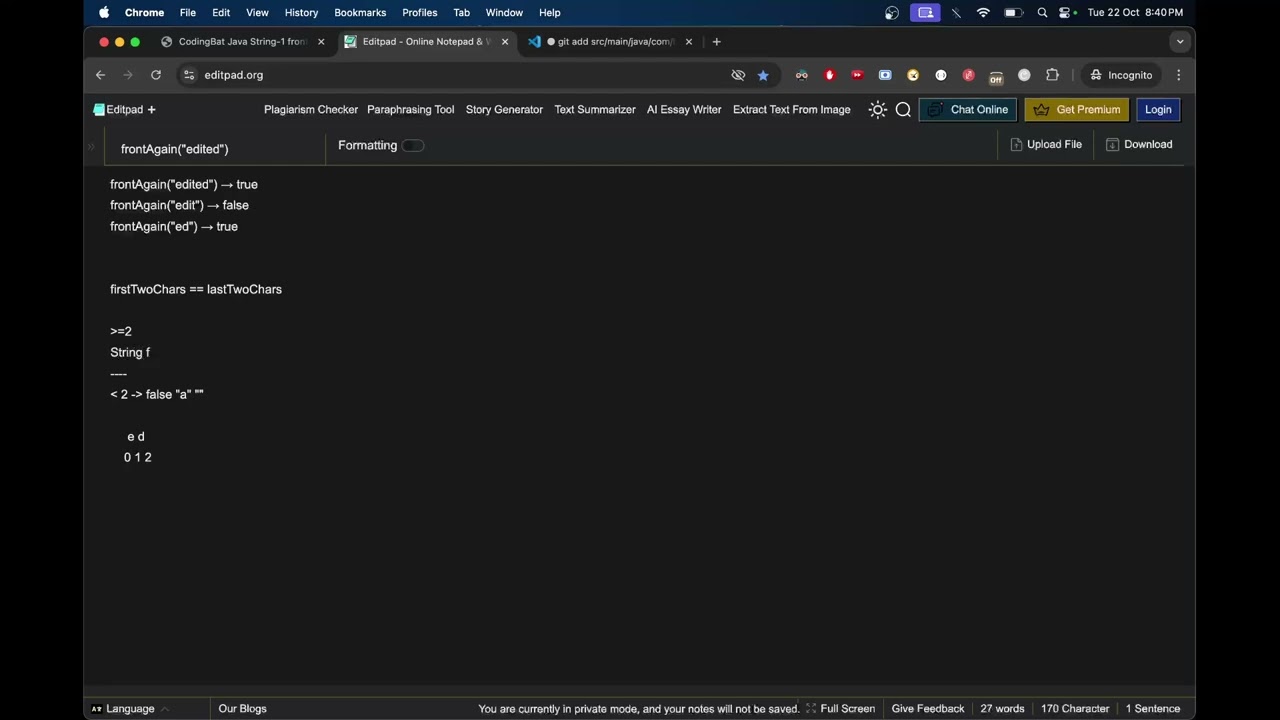 CodingBat Java | String-1 Section | frontAgain