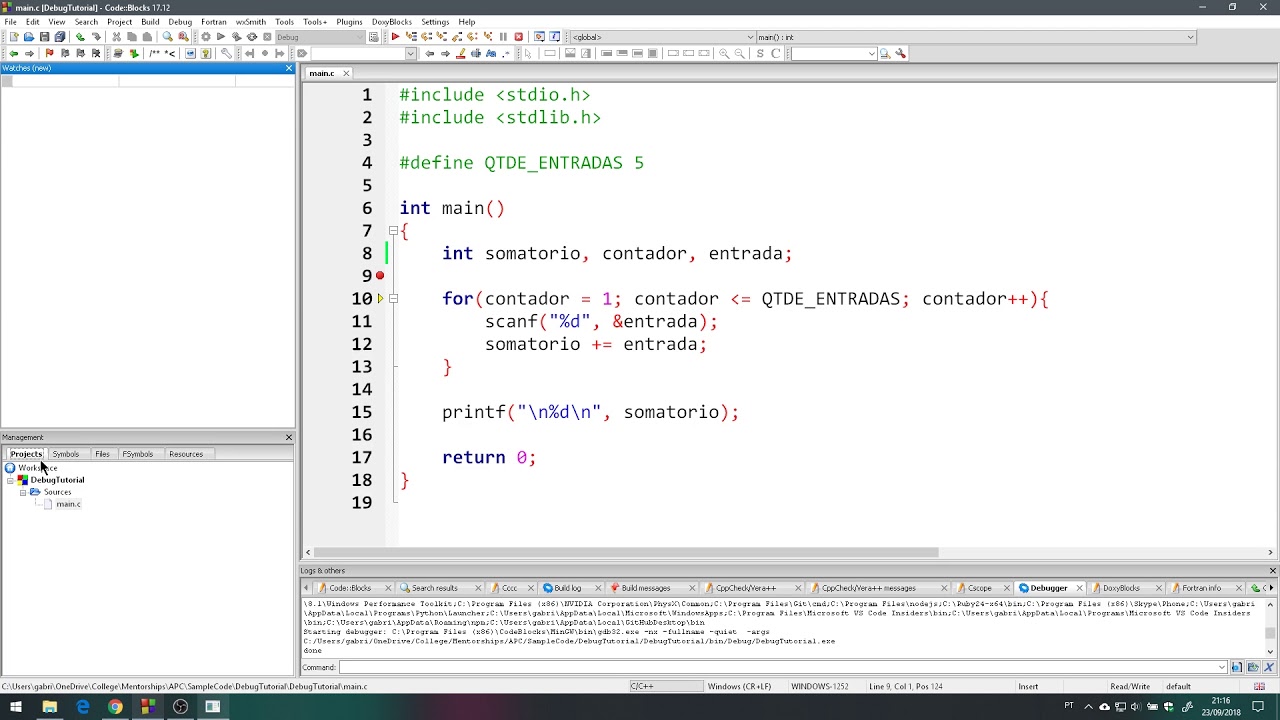 Como usar o Debugger do CodeBlocks