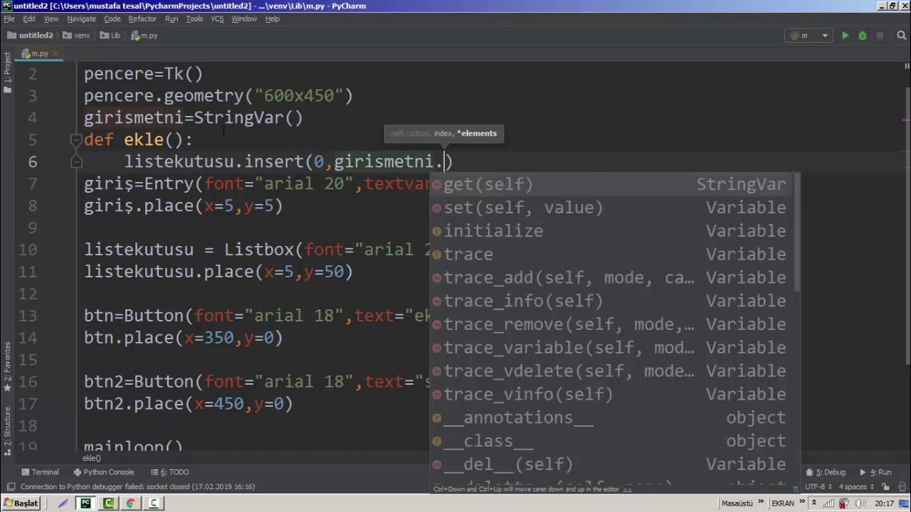 Listbox insert ve delete özelliği Python Tkinter #30