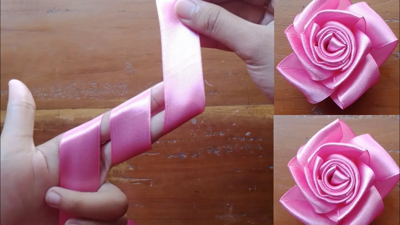 Cara membuat Bunga Mawar dari Pita Satin - How to make a Rose from a Satin Ribbon || Tutorial