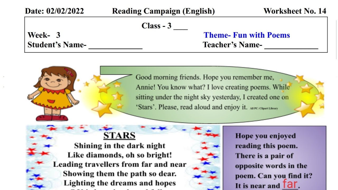 Class 3 English Worksheet 14 Week 3 | Class 3 Reading Campaign English Fun With Poems |