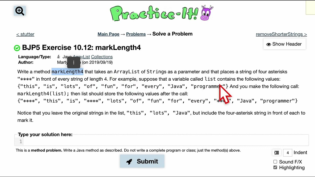 Java Practice It | Exercise 10.12: markLength4 | ArrayList, collections, array list
