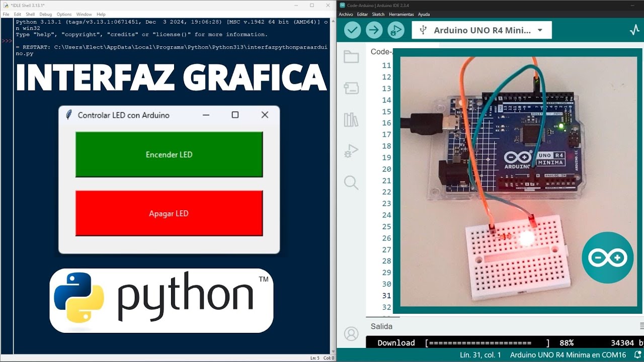 Create a Graphical Interface with TKinter in Python. Control an LED with Python and Arduino.