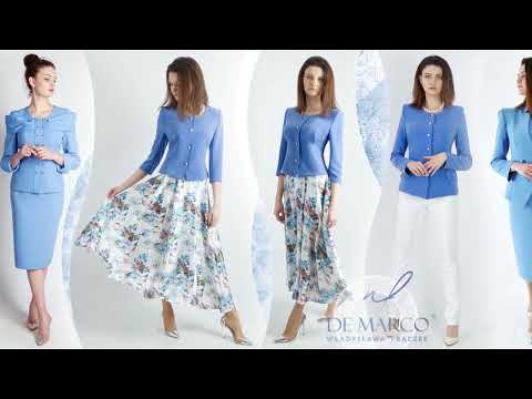 Eleganckie niebieskie komplety wizytowe, zestawy ze spodniami lub spódnicą szyte na miarę w De Marco