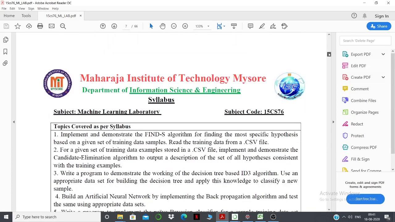 MLLAB OUTCOMES, OBJECTIVES, BASIC LAB REQUIREMENTS | VII | CS | Machine Learning Lab|17CSL76