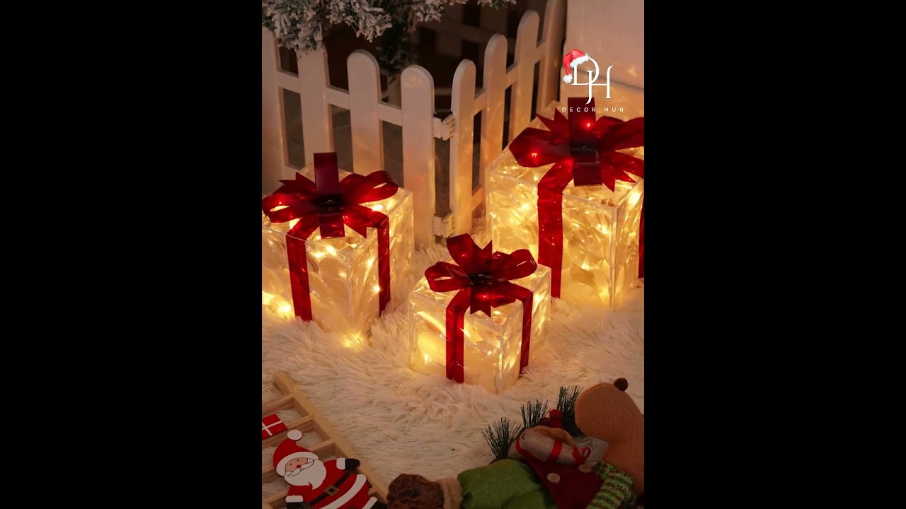 Twinkling Christmas Gift Boxes – Set of 3 Lighted Holiday Presents with Red Bows