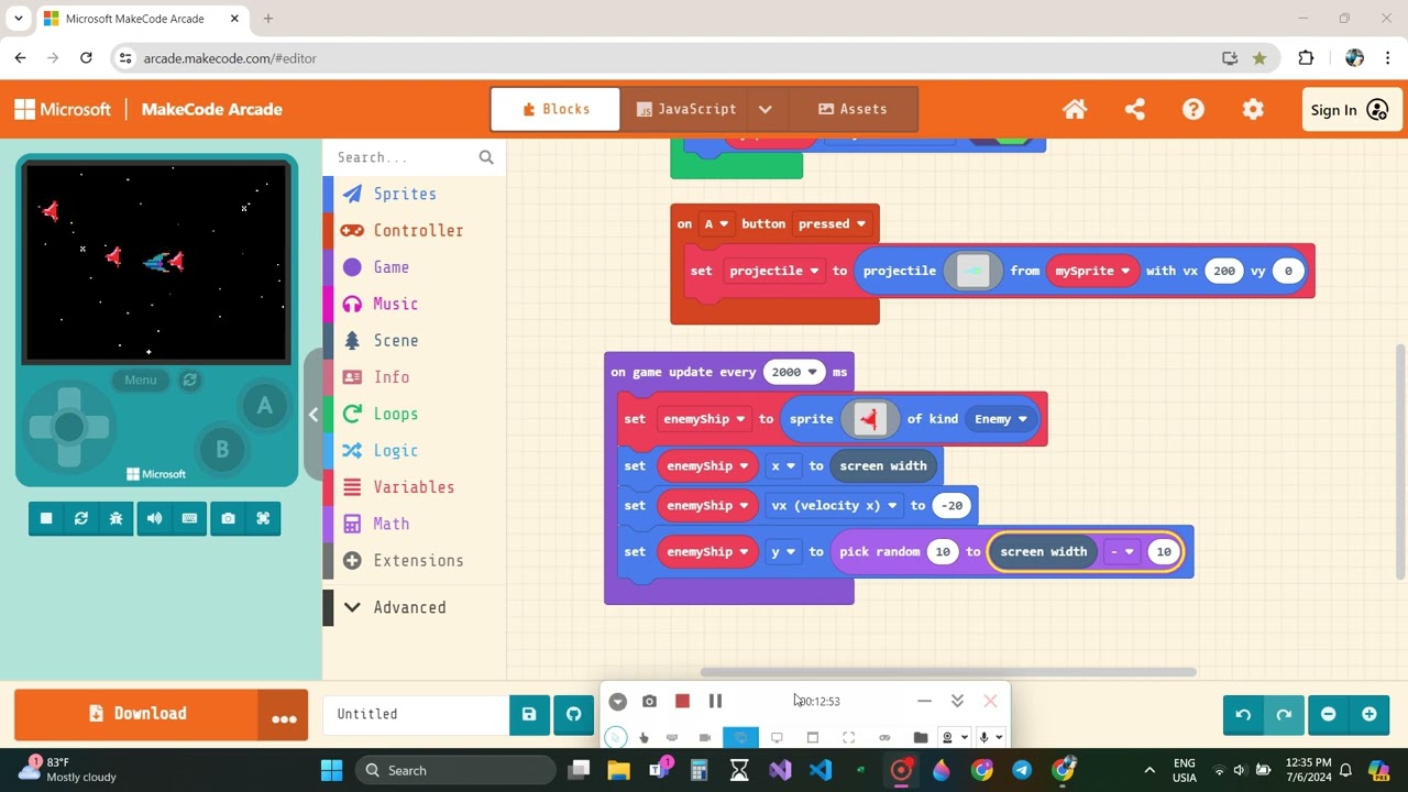 Microsoft MakeCode Arcade Project 6: 'Space Shooter Game' Created by Trishanth Kumar