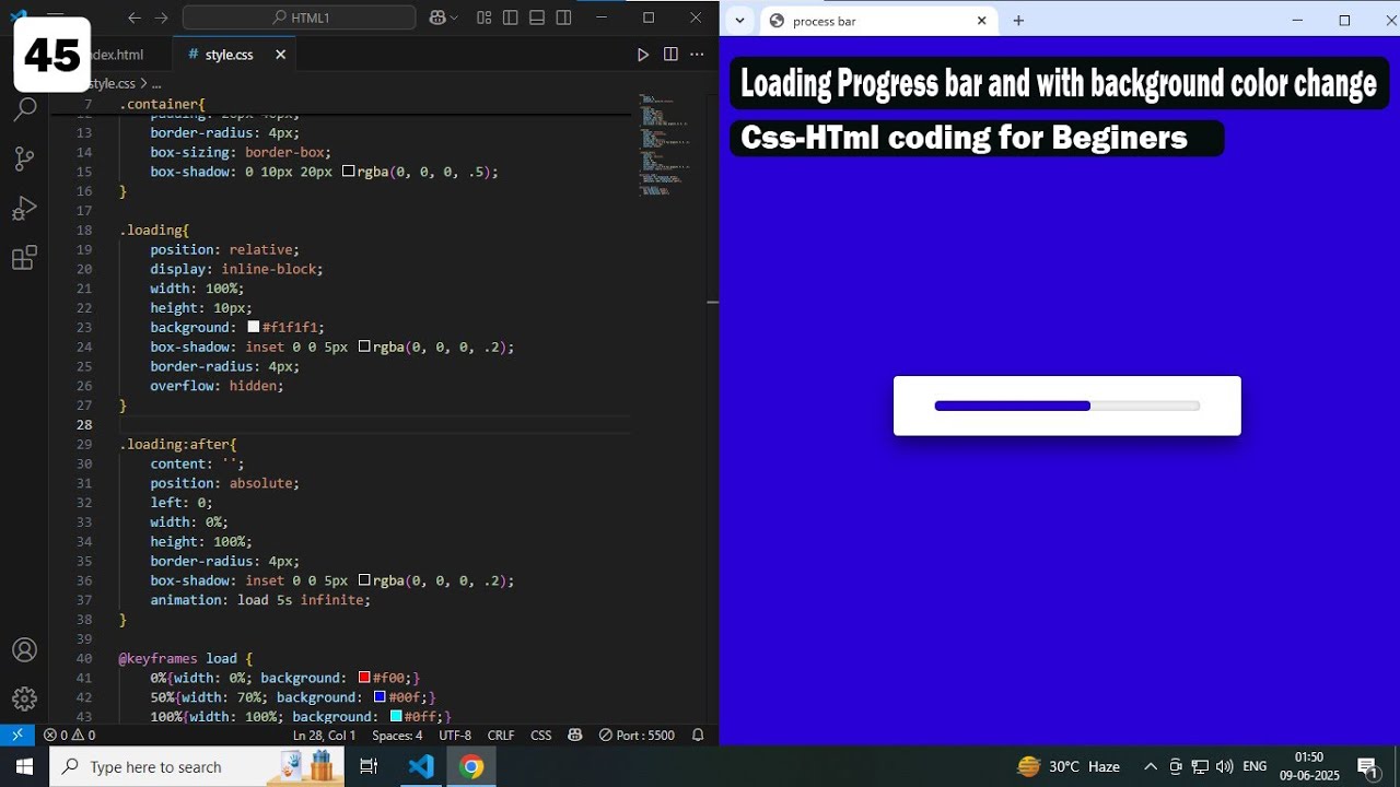 Loading Progress bar and with background color change using Css-Html code || Pure Css for beginers.