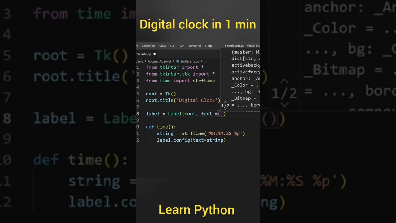 create a Digital clock in 1 minute python #shorts #progaming #trending #python