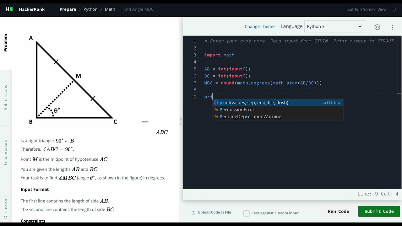 Hackerrank Python Solution #1 Math - Python: Find Angle MBC
