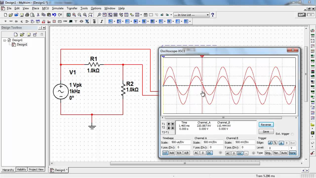 NI Multisim: Waveform cursor measurements with the two-channel oscilloscope