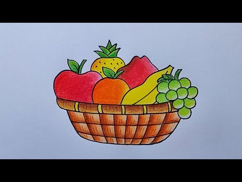 Fruits basket drawing easy| How to draw Fruit Basket step by step| Different types of fruits drawing