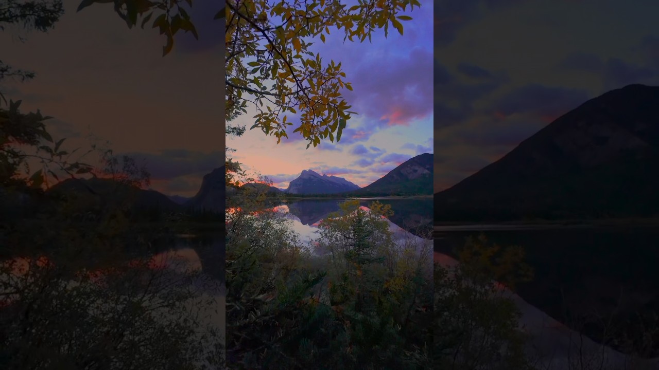 Golden sunrise over a calm Banff lake with mountains glowing in the morning light 😍 #nature