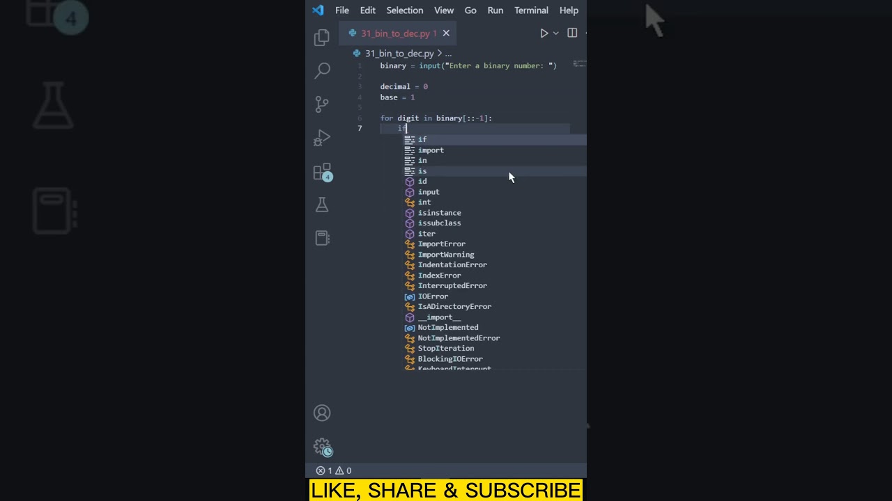 Binary to decimal converter by using python | #python #shorts #shortsvideo #programming