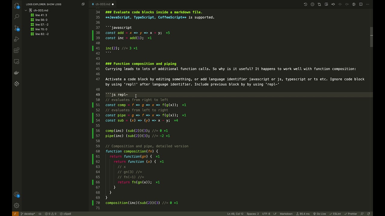 Evaluate code blocks inside a markdown file