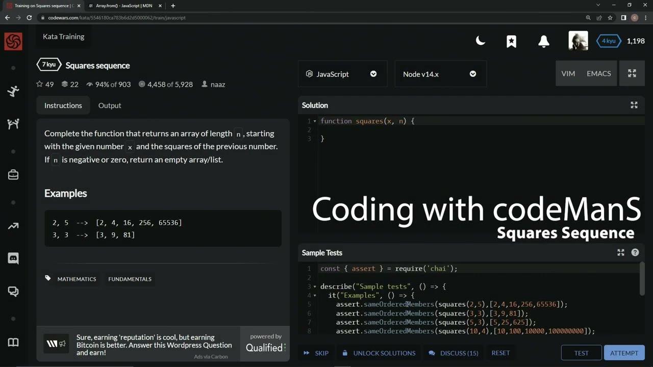 Codewars 7 kyu Squares Sequence Javascript