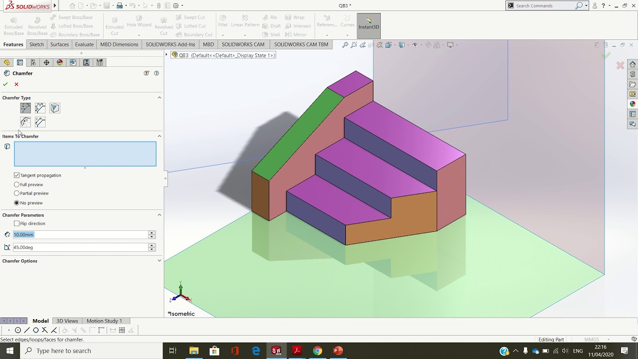 Partial chamfer Solidworks 2019
