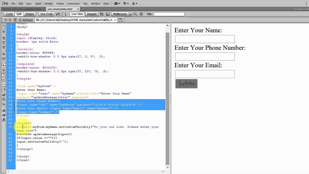 HTML Hacks - Input validation - Required attribute in HTML Vs. Javascript setCustomValidity?