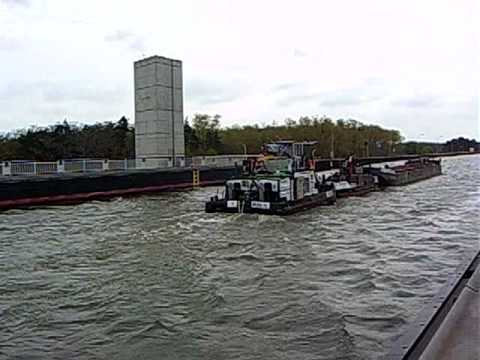 Barge on the world longest (918m) water canal bridge over the Elba river, Magdeburg Germany