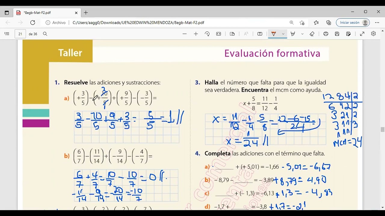 ADICIÓN Y SUSTRACCIÓN DE NÚMEROS RACIONALES OCTAVO AÑO BÁSICO PÁGINAS 104 Y 105