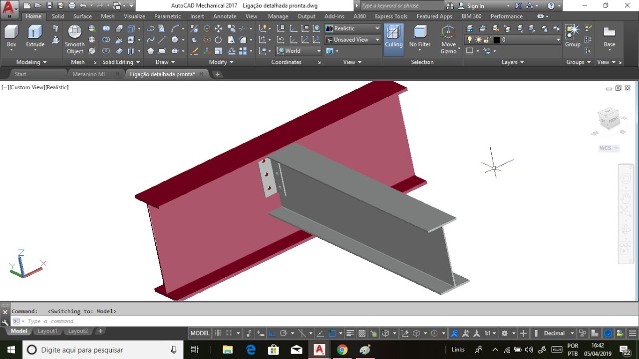 Detalhe 3D de uma Ligação Parafusada - Perfis W (Estruturas Metálicas)