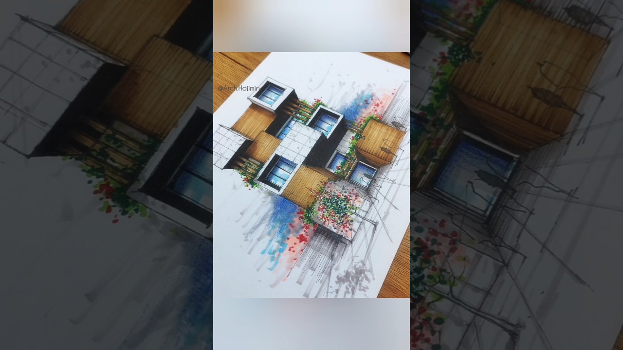 Architecture Sketch, One-point perspective🩷💚🩵#sketch #howtodraw #architecturedrawing #perspective