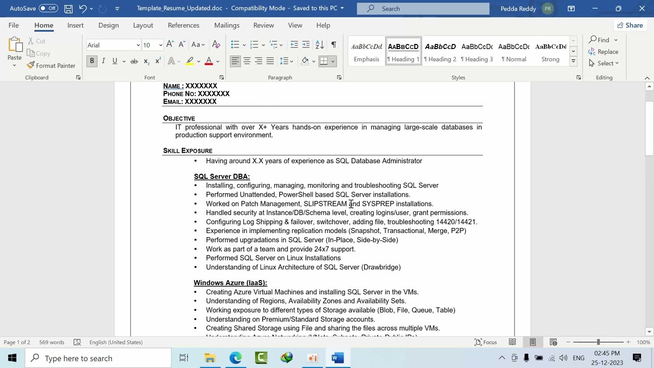 MS SQL DBA SAMPLE RESUME #sqlserver #sqlserverdba #azuresql