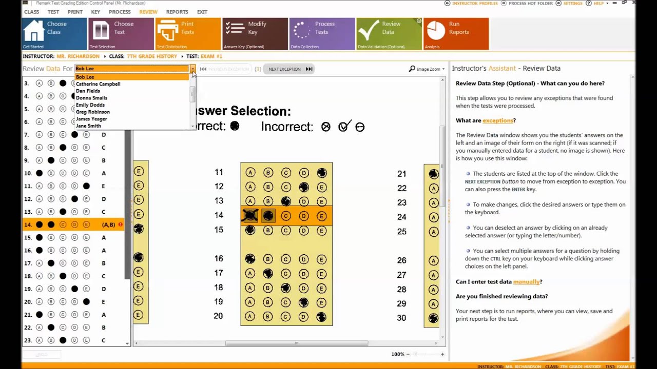 Remark Test Grading Edition Interface: Review Data: Review Test Answer Sheet Responses