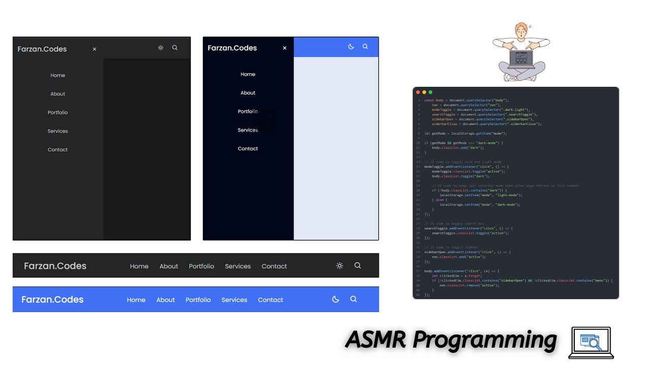 ASMR Programming: Responsive Navbar with HTML, CSS, JS | Dark & Light Themes