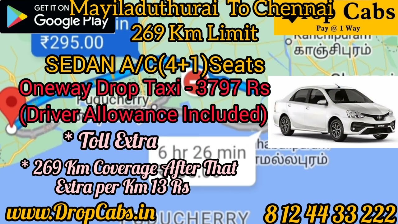 Mayiladuthurai to Chennai Drop Cabs @ 3797RS Oneway Drop Taxi, Round Trip