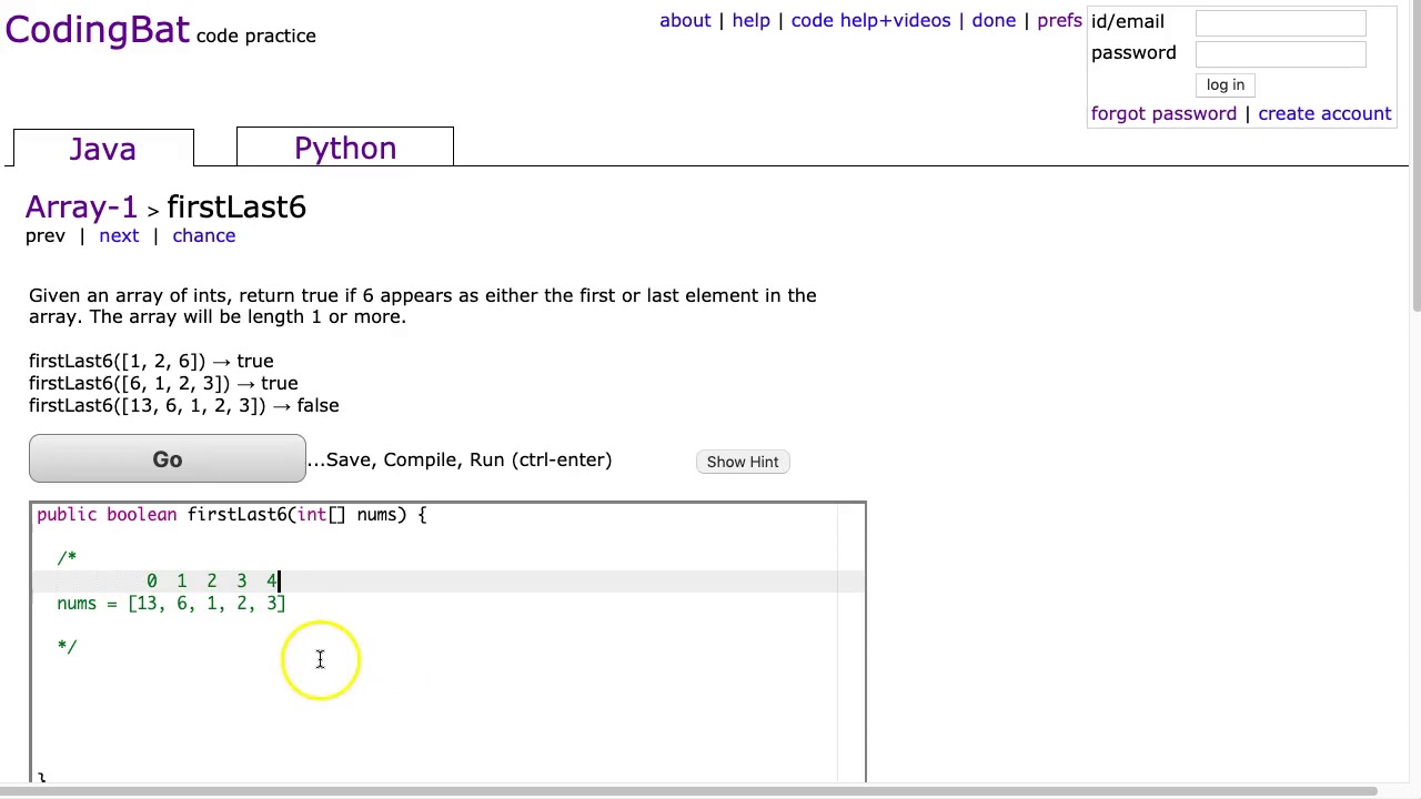 Codingbat - firstLast6 (Java)
