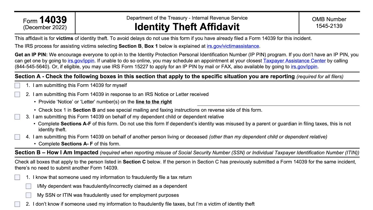 IRS Form 14039 walkthrough (Identity Theft Affidavit)
