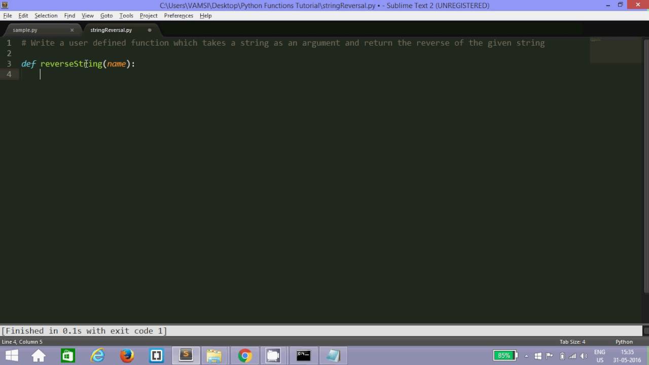 Step 2.1: Reversing a string using functions example (Python)