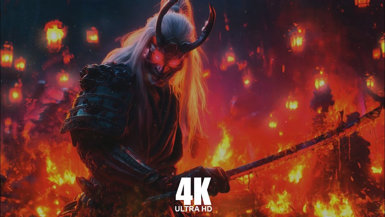 2 Hours Loop Samurai Oni In Fire 4K Resolution Your Live Wallpaper For PC #livewallpaper