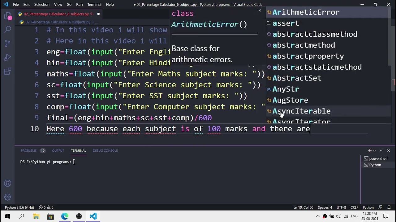 Python program to calculate Percentage | Calculate Marks | Basic level