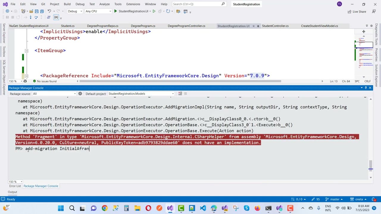 Fix:  Method 'Fragment' in type 'Microsoft.EntityFrameworkCore.Design.Internal.CSharpHelper' ASP.NET