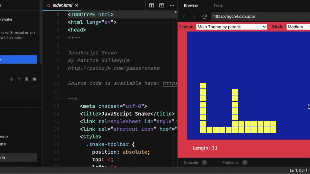 How to code the snake game in sandbox java-script