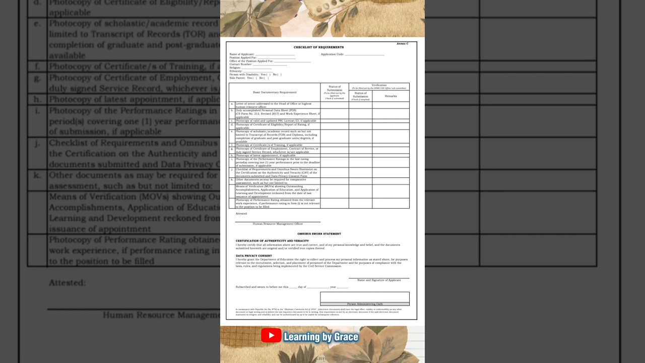 ANNEX C OMNIBUS WORN STATEMENT CHECKLIST OF REQUIREMENTS FOR TEACHER I APPLICANT #depedranking