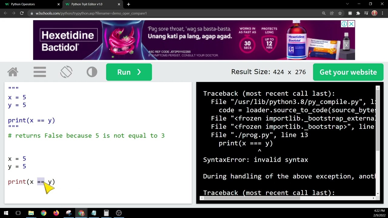 W3schools Python - Comparison Operators - Code along