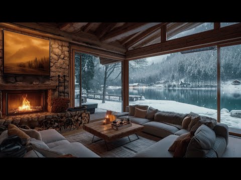 Winter Vibes by the Lake with Soft Jazz Music ❄️ Warm Living Room and Snowfall, Fireplace for Relax