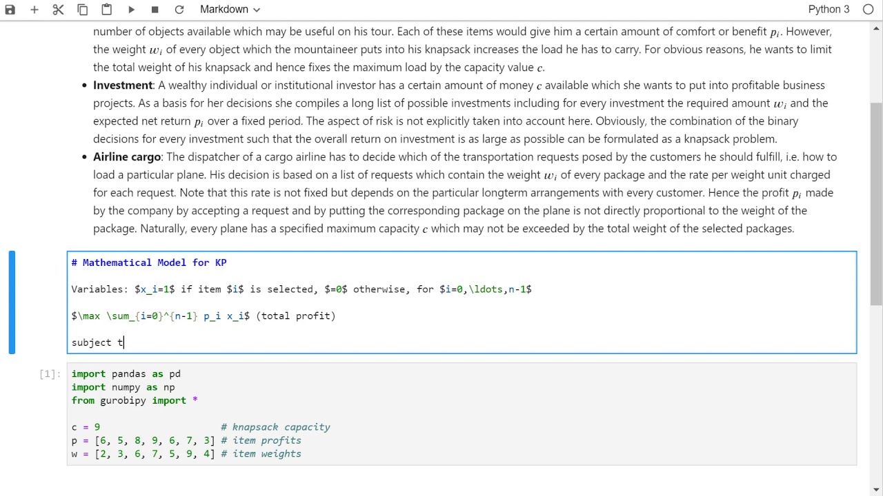 01 Knapsack Problem In Python And Gurobi (Integer Linear Programming ILP)