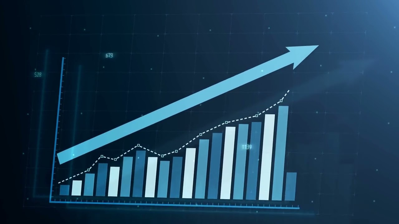 beautiful 3d animation of rising bar graph following the arrow trading on the stock exchange.