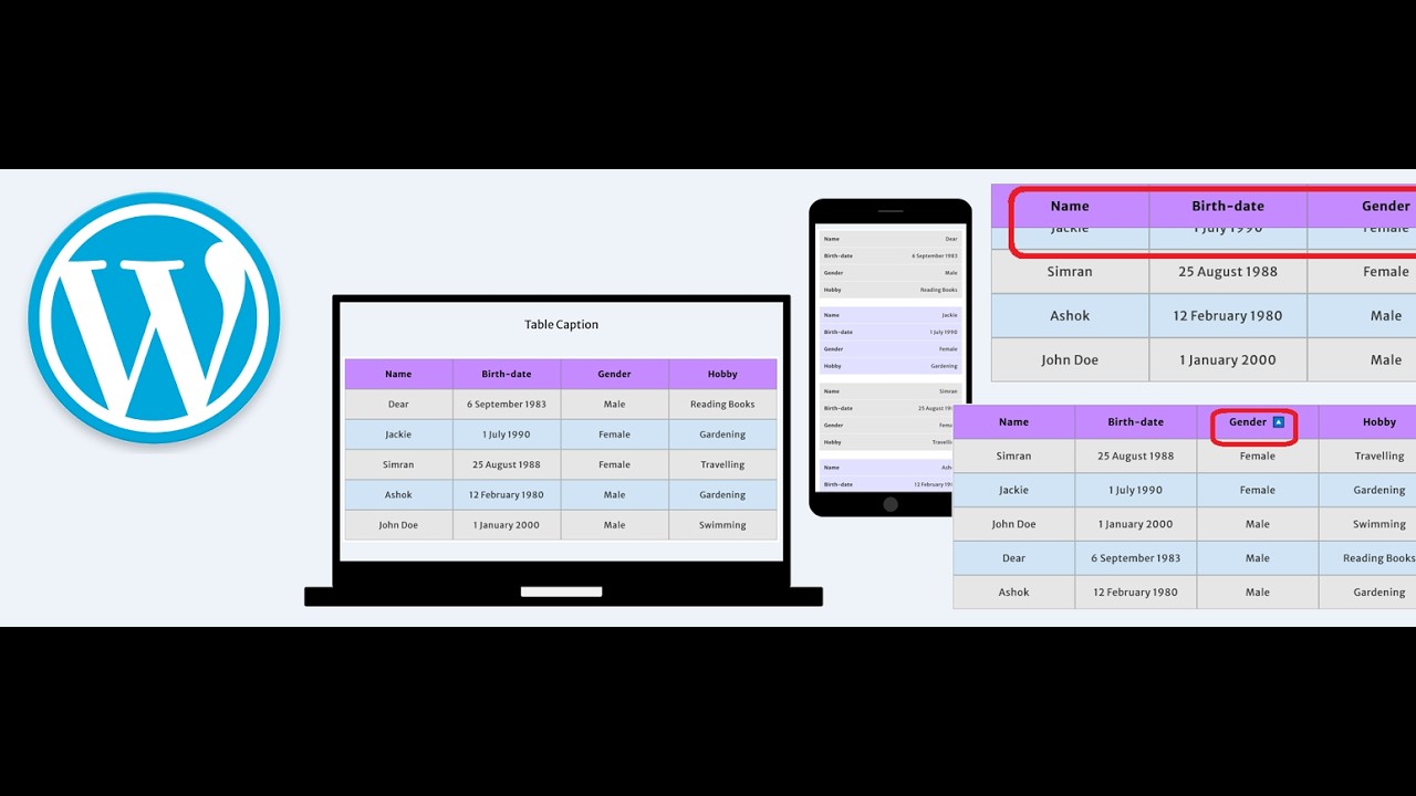 Auto Responsive Table with Sticky Table Head, Header Sorting and Table CSS Style Customization