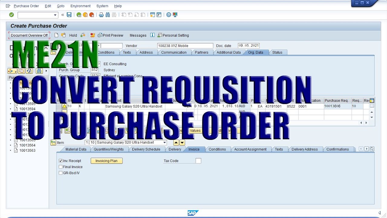 SAP Transaction ME21N - Convert Purchase Requisition to Purchase Order