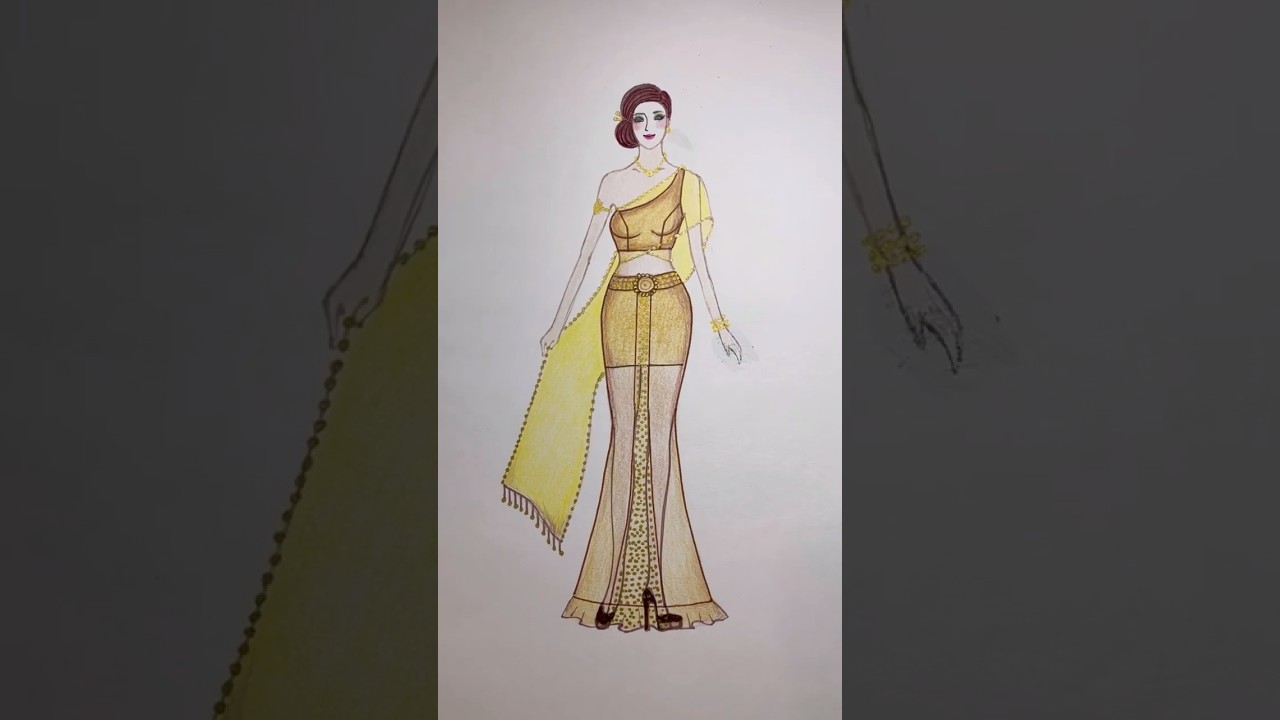 🏵️🤎 28. Drawing woman’s long skirts dress for Thai event culture. gold color. 🪕