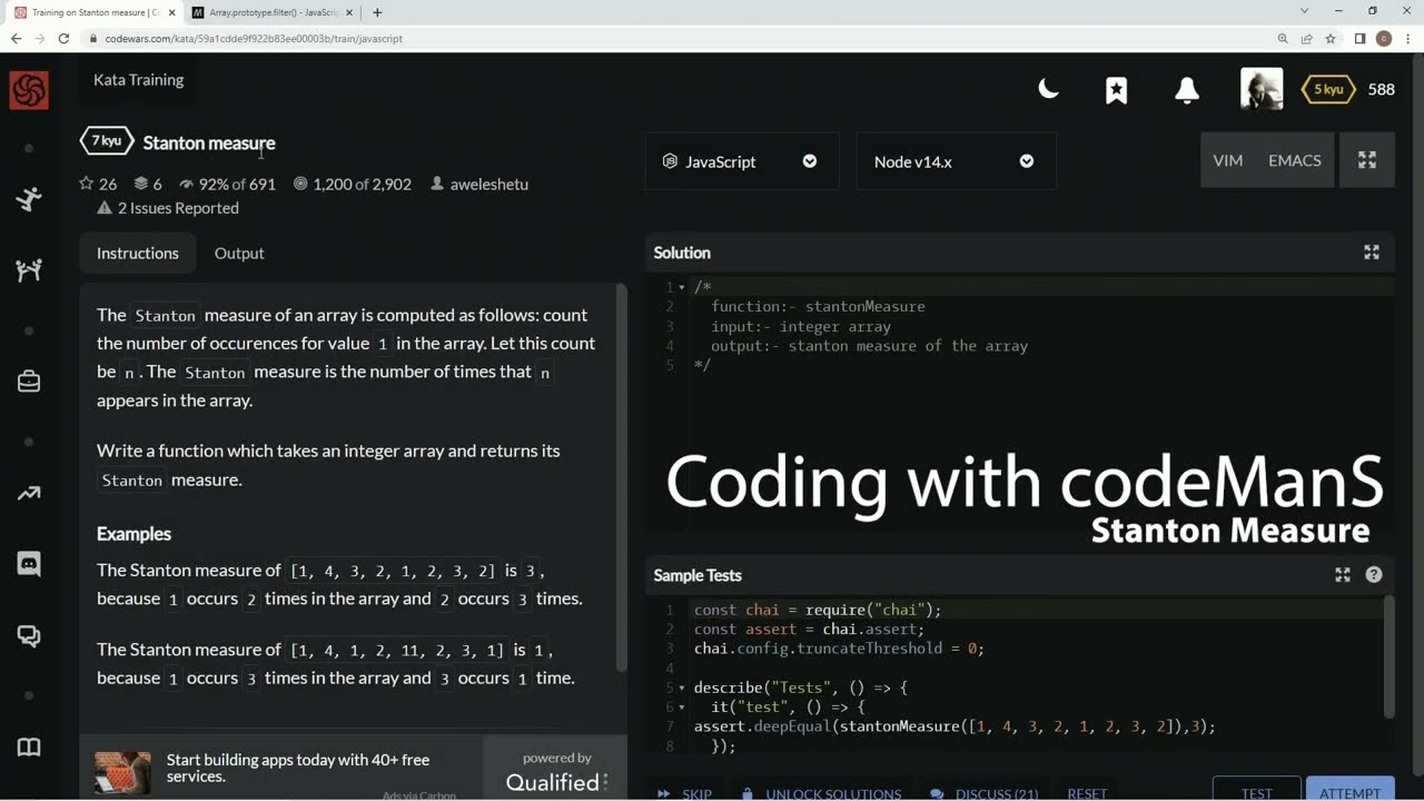 Codewars 7 kyu Stanton Measure JavaScript